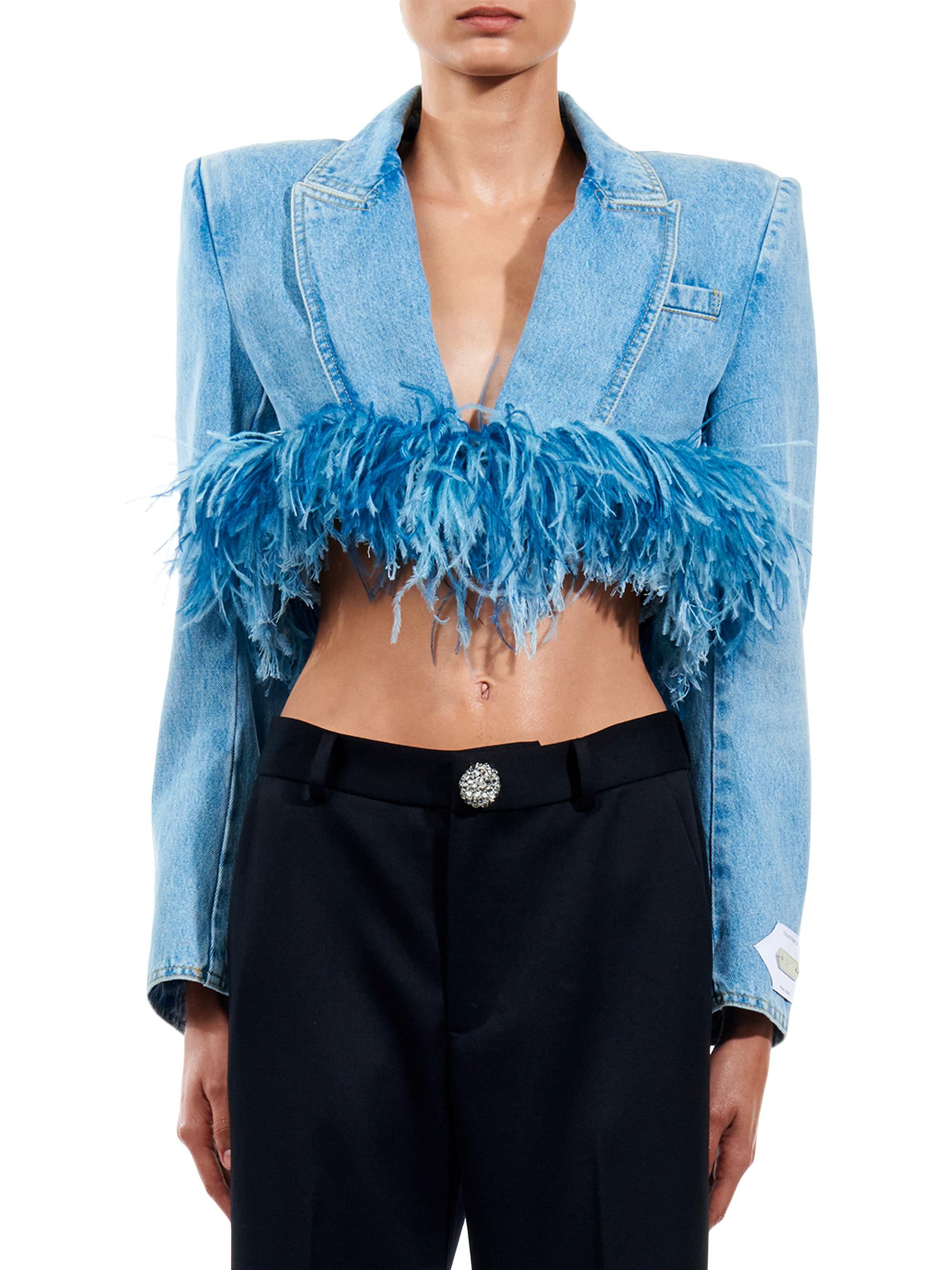 Shop Area Frayed Denim Feather Cropped Blazer | Saks Fifth Avenue
