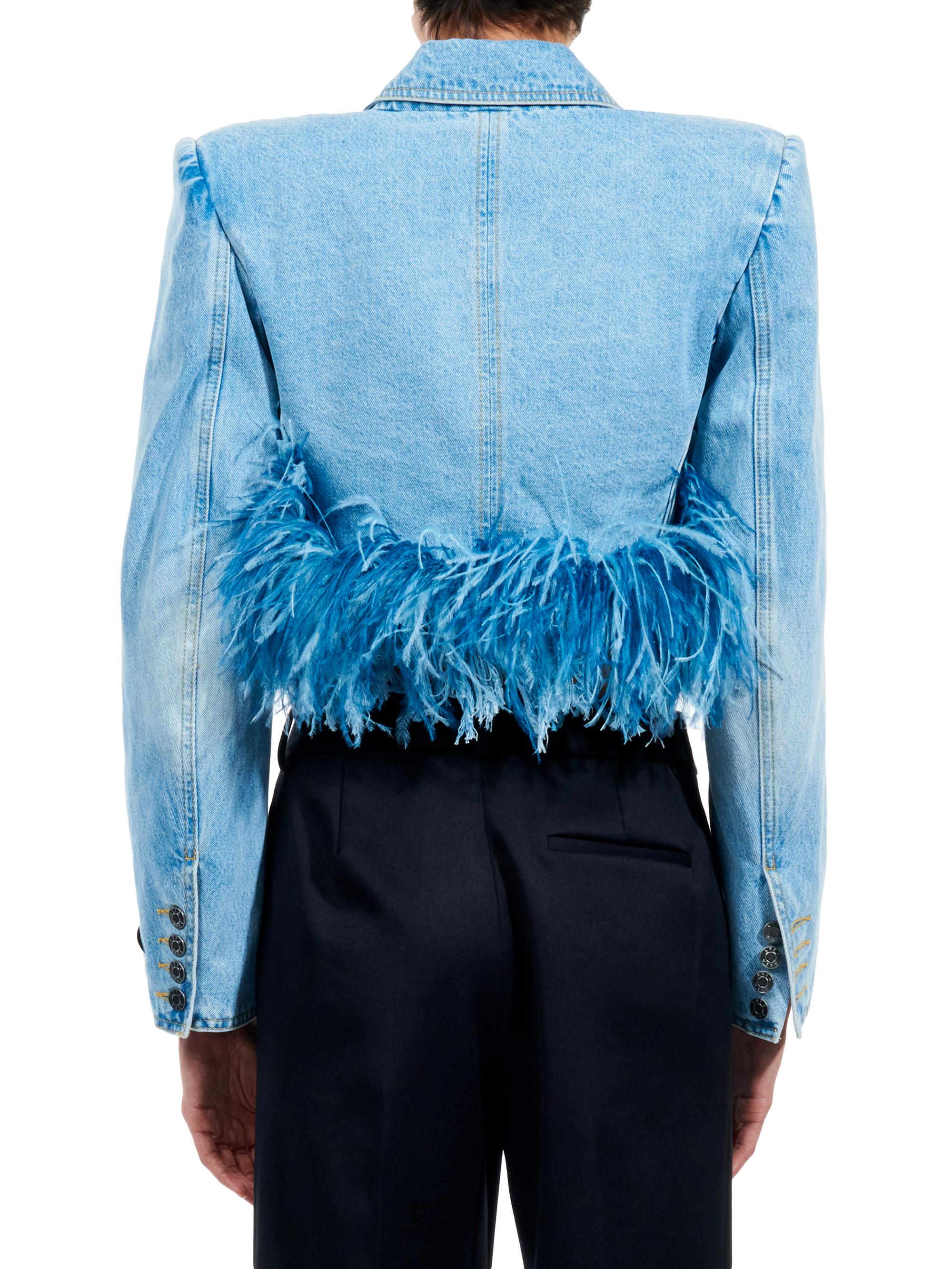 Shop Area Frayed Denim Feather Cropped Blazer | Saks Fifth Avenue