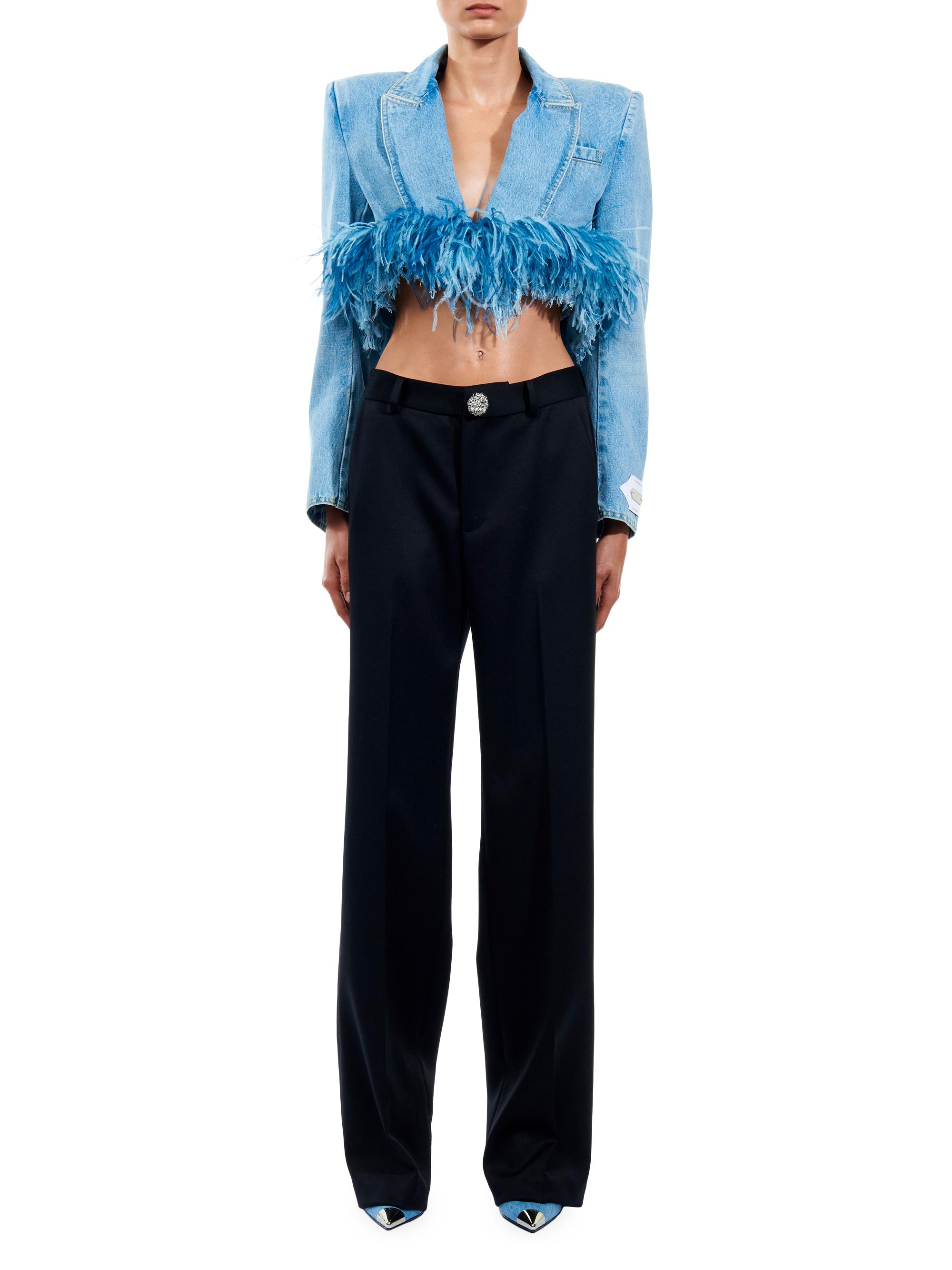 Shop Area Frayed Denim Feather Cropped Blazer | Saks Fifth Avenue