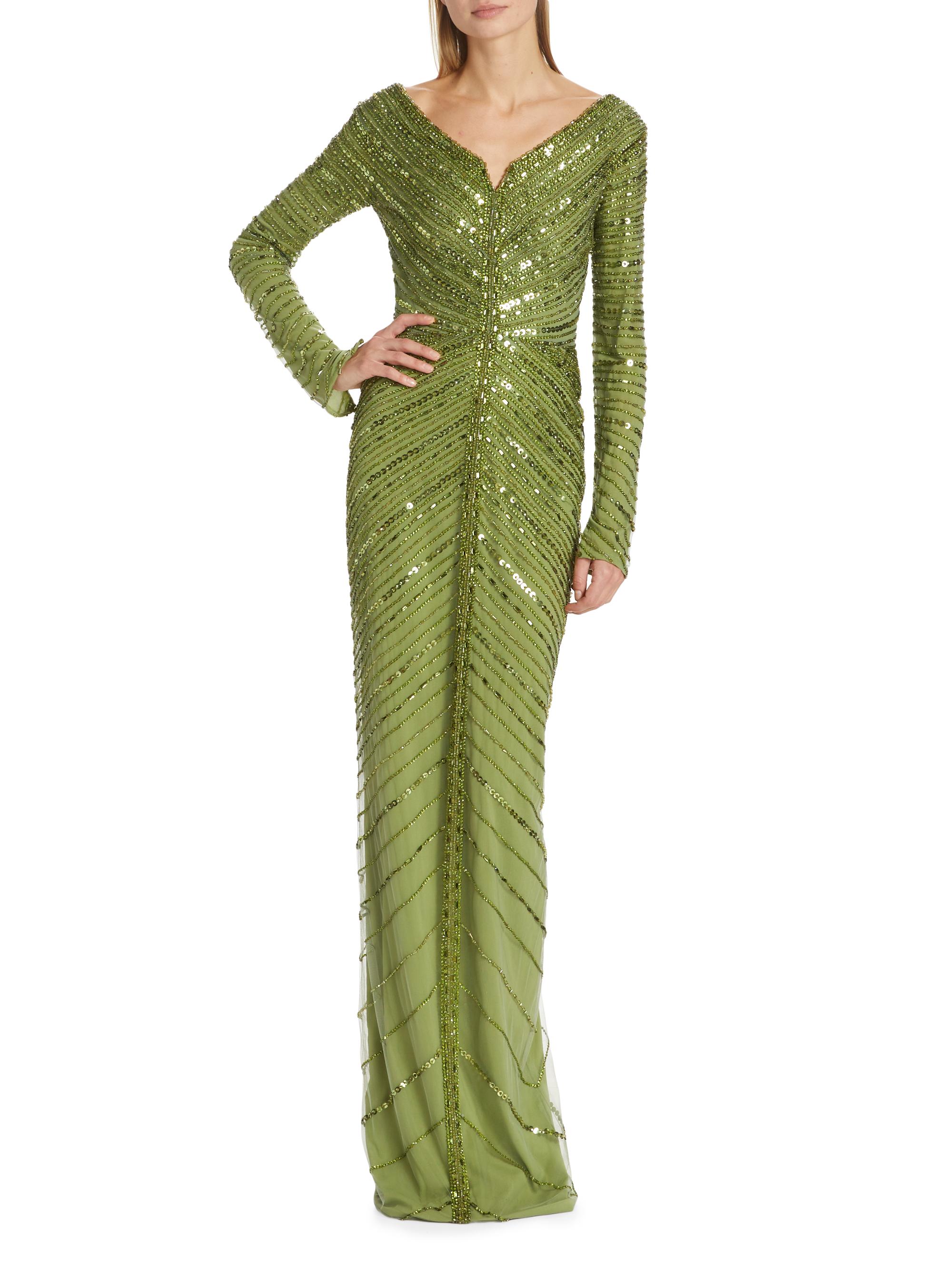 Shop Pamella Roland Long-Sleeve Sequin-Embroidered Gown | Saks Fifth Avenue