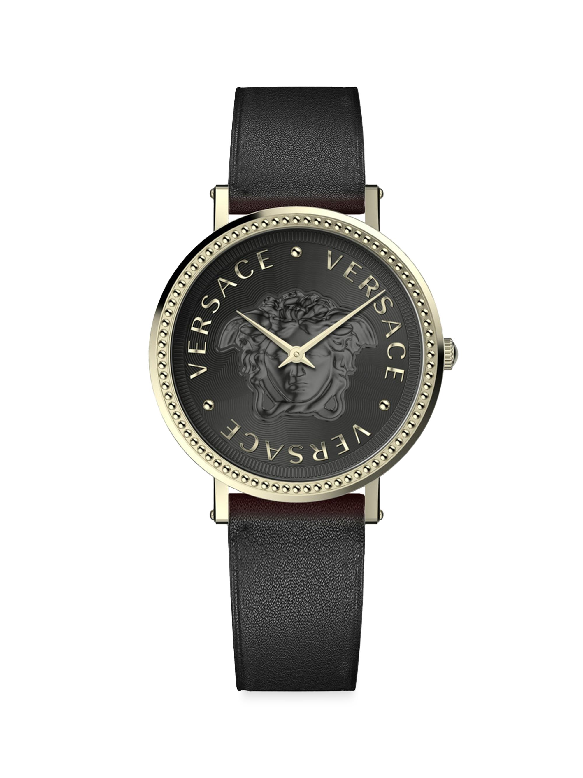 Shop Versace V-Dollar Goldtone Stainless Steel & Leather Watch | Saks ...