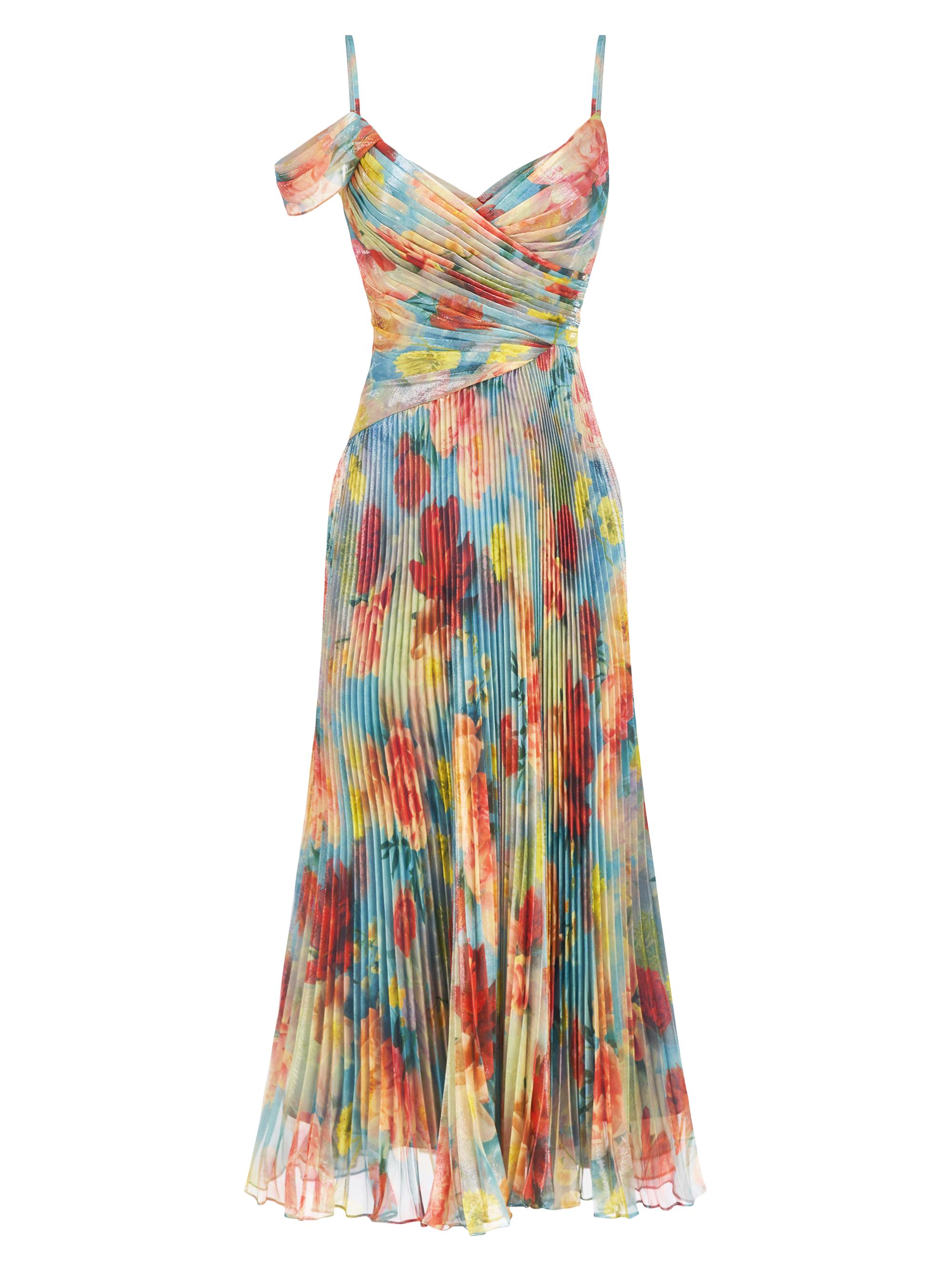 Shop Theia Vienna Floral Pleated Silk-Blend Midi-Dress | Saks Fifth Avenue