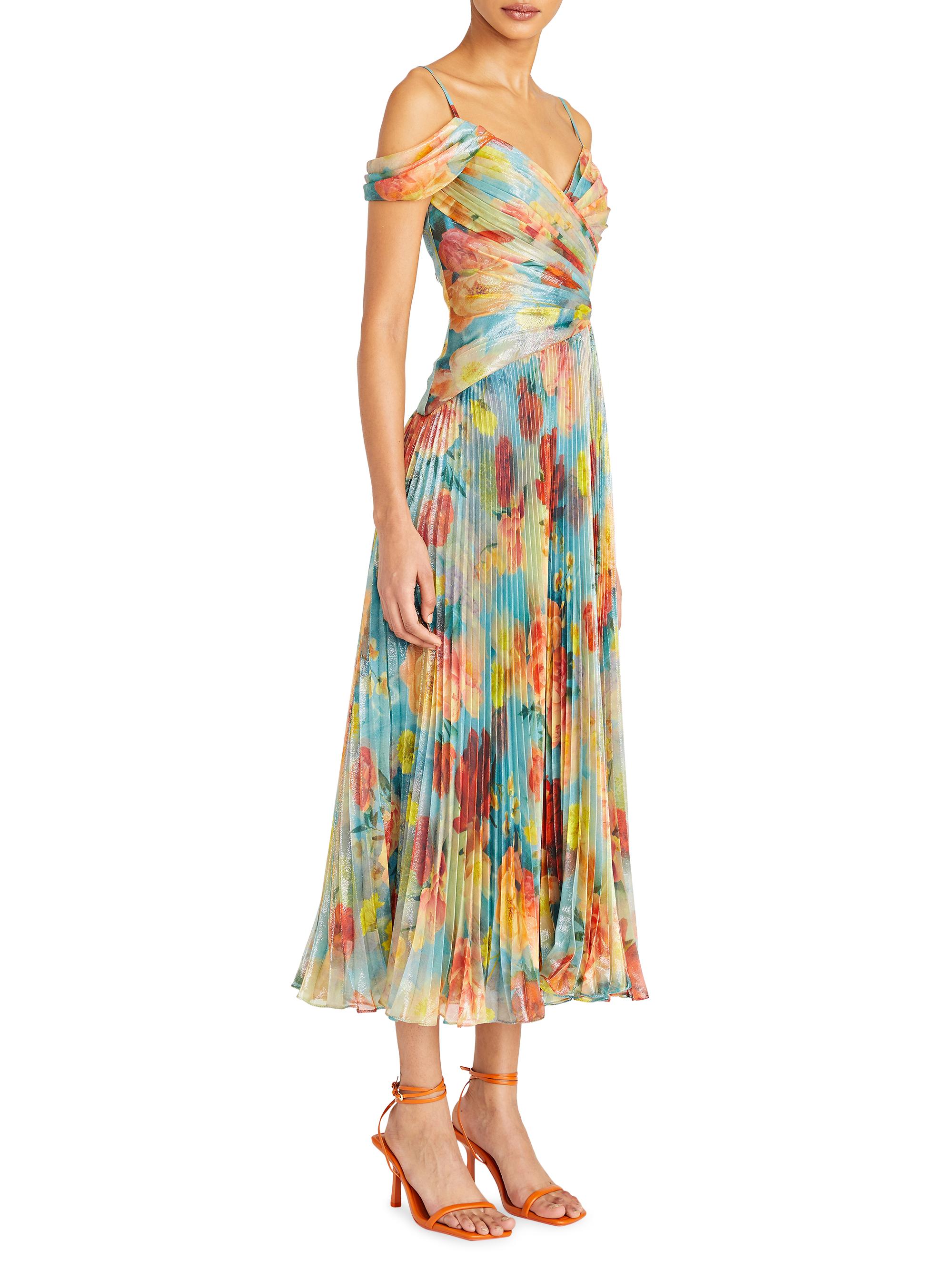 Shop Theia Vienna Floral Pleated Silk-Blend Midi-Dress | Saks Fifth Avenue