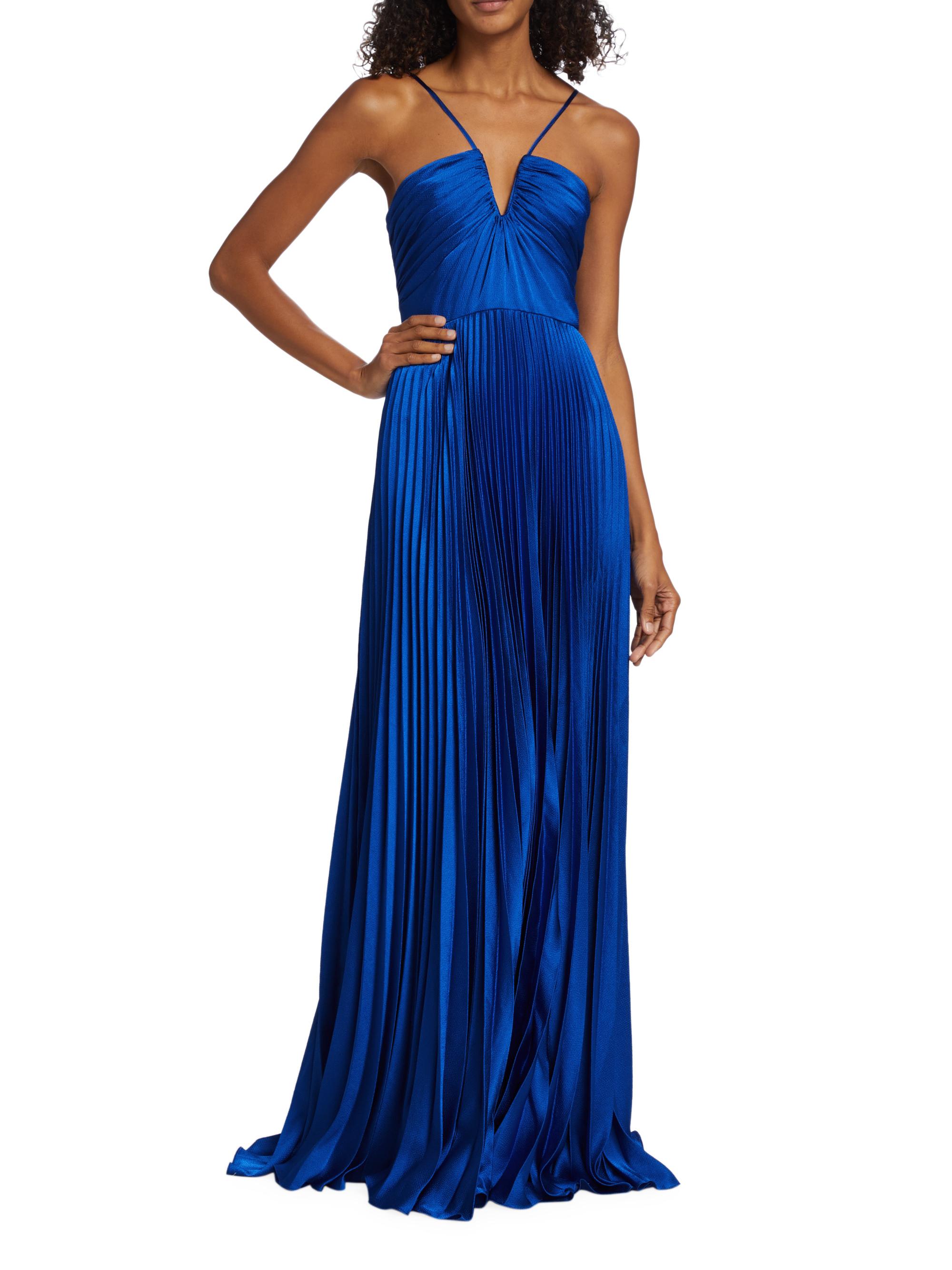 Shop ML Monique Lhuillier Indigo Satin Pleated Gown | Saks Fifth Avenue